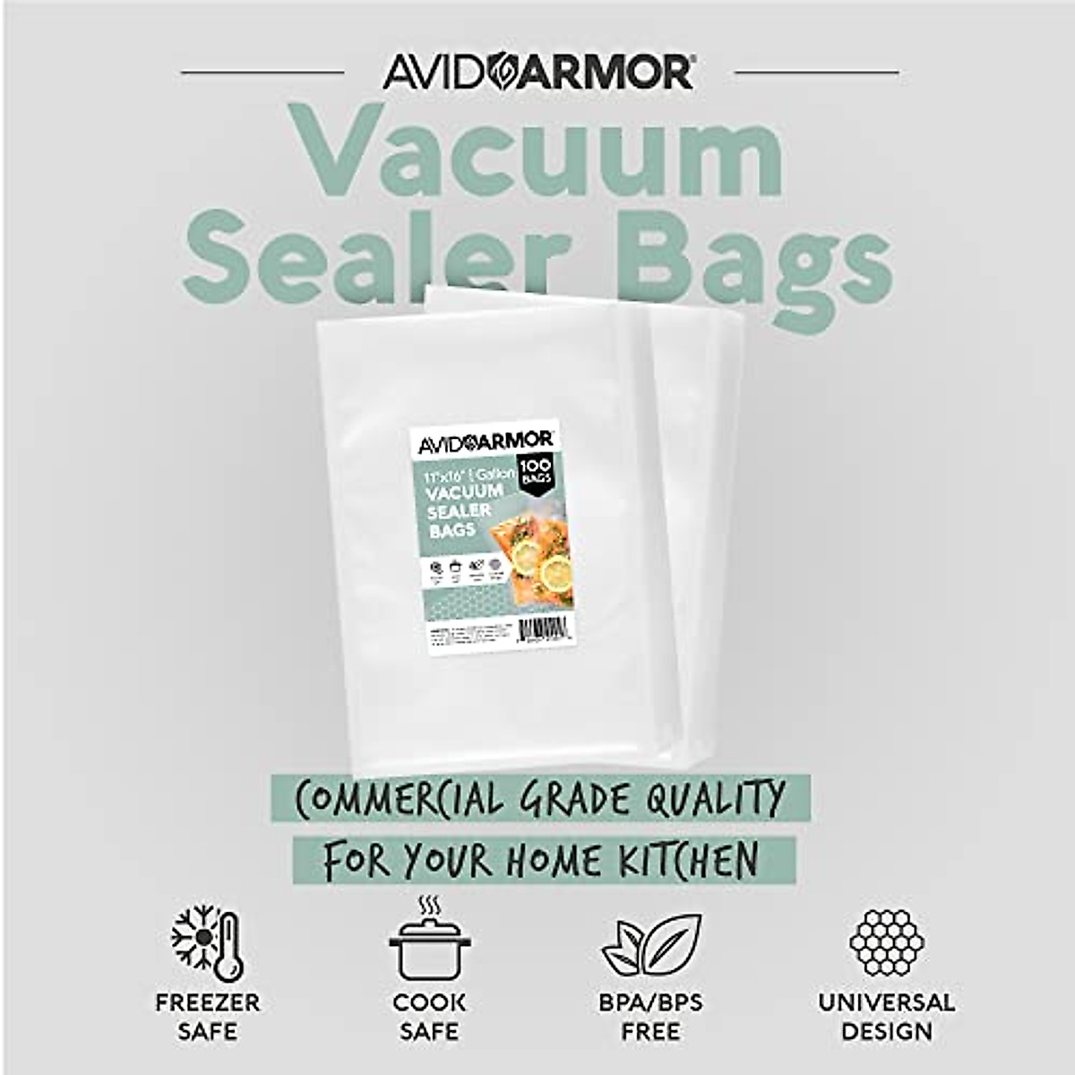 Avid Armor Vacuum Sealer Bags 100 Gallon 11"x16" for Food Saver, Seal a Meal Vac Sealers BPA Free, Heavy Duty Commercial Grade, Mea Prep and Sous Vide Vaccume Safe, Universal Design Pre-Cut Bag