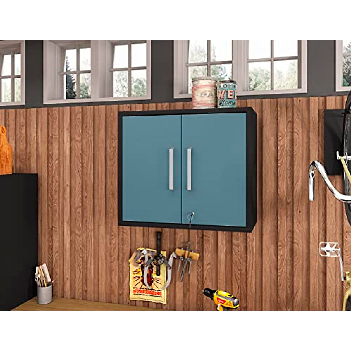Manhattan Comfort Eiffel 2-Piece Storage Garage Set in Matte Black and Aqua Blue