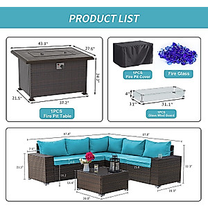 Kullavik 7 Pieces Outdoor Patio Furniture Set with 43" 55000BTU Gas Propane Fire Pit Table PE Wicker Rattan Sectional Sofa Patio Conversation Sets,Green Blue