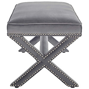 Modway Rivet Contemporary Modern Upholstered Velvet X-Base Accent Bench With Nailhead Trim In Gray