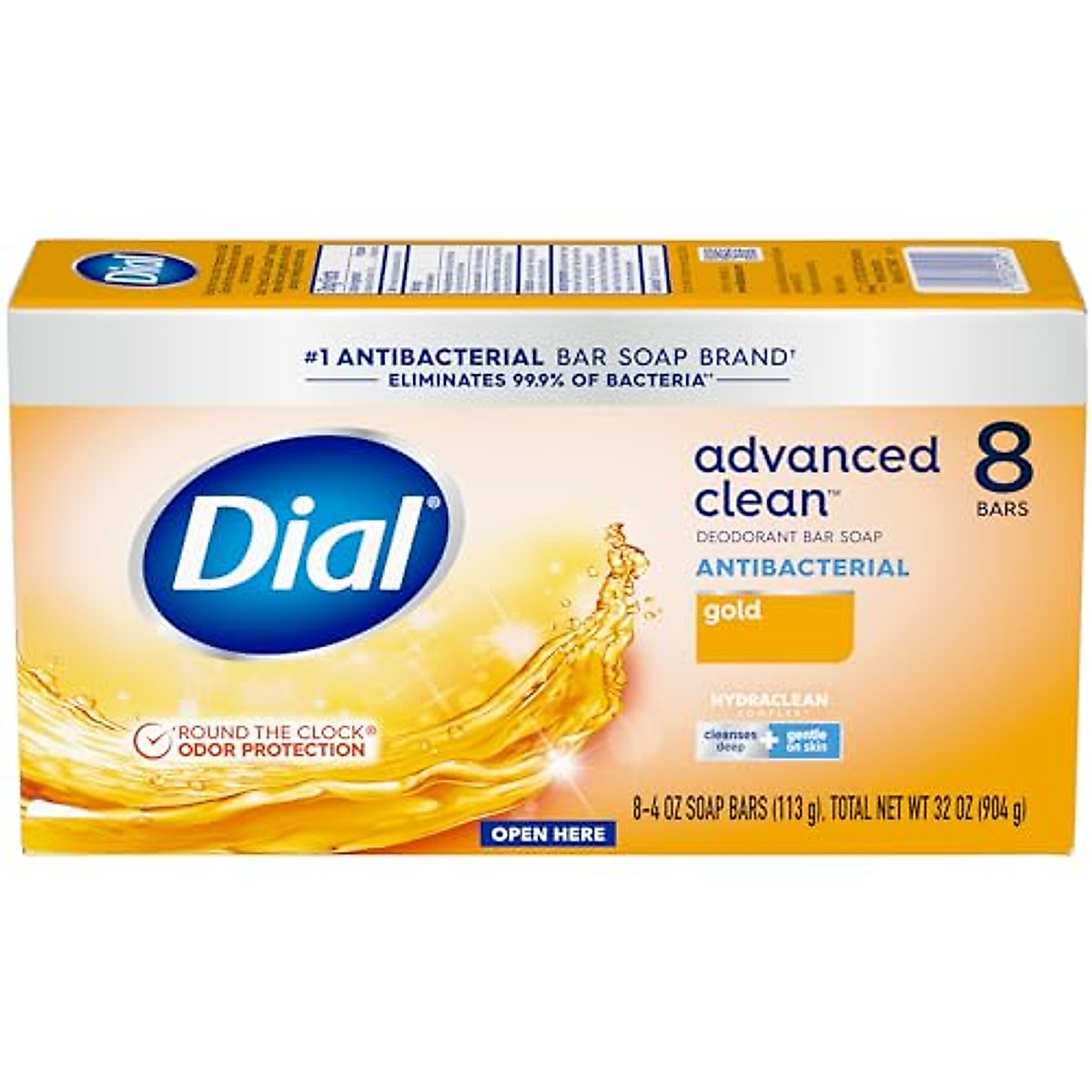 Dial Antibacterial Deodorant Bar Soap, Advanced Clean, Gold, 4 Oz, 32 Bars