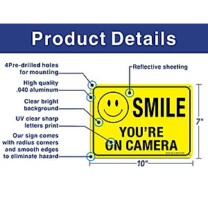 (4 Pack) Faittoo Smile You're On Camera Sign, 10x7 Reflective Rust Free .40 Aluminum, UV Protected, Weather Resistant, Durable Ink, Indoor & Outdoor Use for Home Business CCTV Security Camera