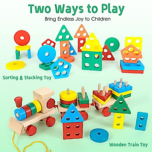WEMMICKS Wooden Train Toddler Toy, Wooden Blocks for 1-3 Year Old Boys Girls, Montessori Sorting Stacking Toy, Preschool Educational Toy for Kids