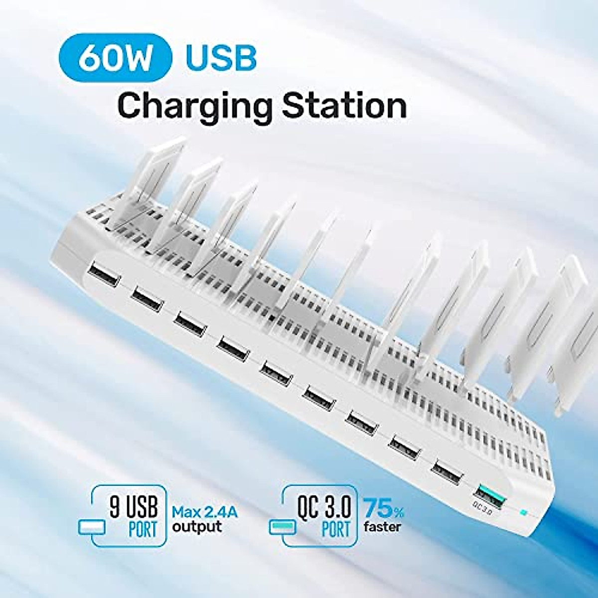 Unitek Charging Station for Multiple Devices, USB Charging Dock with Adjustable Dividers, QC 3.0 and SmartIC, iPhone, iPad, Tablet Organizer Stand-(UL Certified)