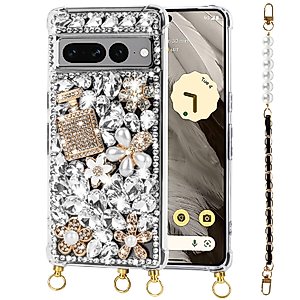 Leiju Case for Google Pixel 7 Pro with Strap Glitter Design,3D Handmade Sparkle Stunning Stones Crystal Diamond Bling Glitter Phone Case for Google Pixel 7 Pro