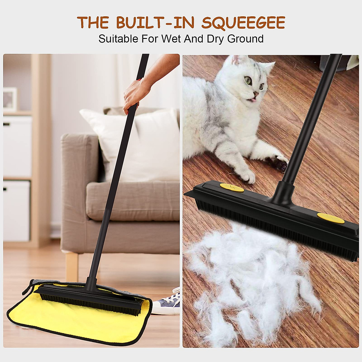 DoogePiit Rubber Broom for Pet Hair Remover,Carpet Rake-Rubber Broom with Squeegee, Portable Detailing Lint Remover Brush, Pet Hair Removal Tool for Carpet, Hardwood Floor, Tile, Window