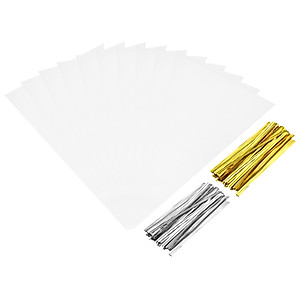 uxcell 200 Pcs Cone Cello Bags, Clear Flat Plastic Cello Treat Bags with Gold/Silver Twist Ties Candy Bags Cookie Bags for Christmas Snacks Candy Cookie Sweet