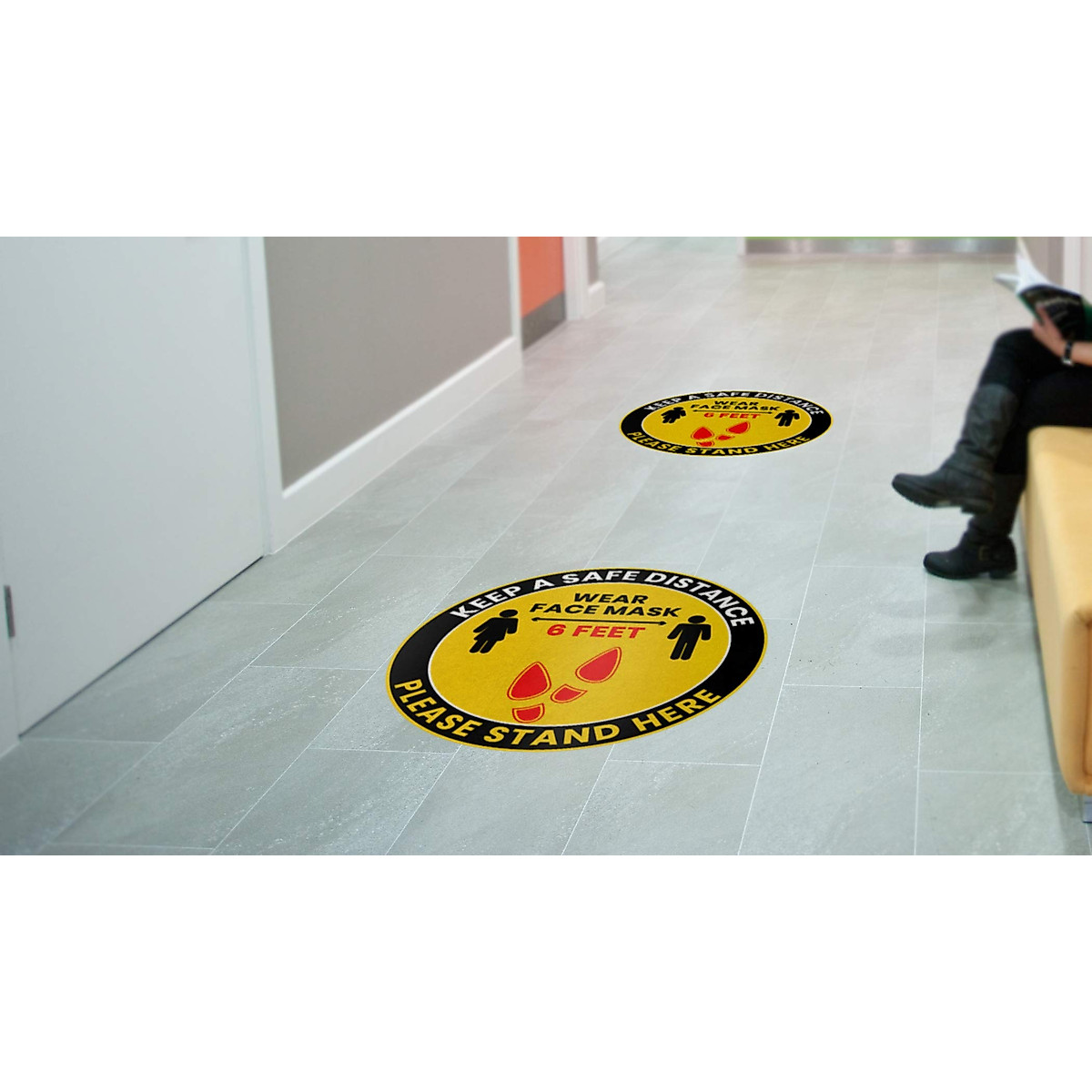 Design Skinz Social Distancing Floor Decal V1 - Pressure Sensitive Removable Anti-Slip Safety Stand Stickers 6 Feet Sign Marker for Carpet or Hard Floors -10” (Single Piece)