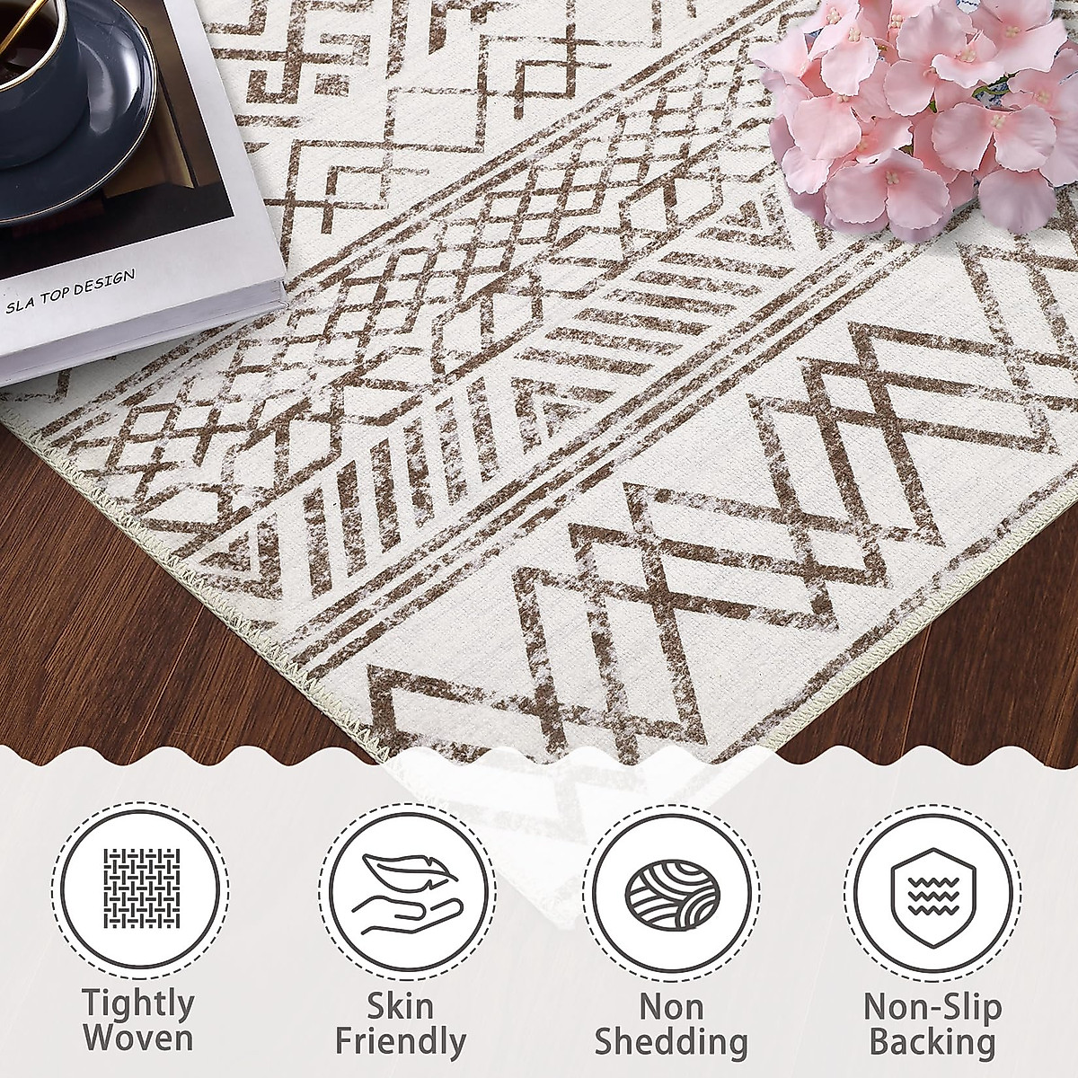 RUGSREAL Boho Moroccan Area Rug 5x7 Machine Washable Rug Modern Geometric Distressed Carpet Rug Stain Resistant Non-Slip Accent Rug Coffee Table Rug Farmhouse Dining Office Bedroom Decor, Taupe