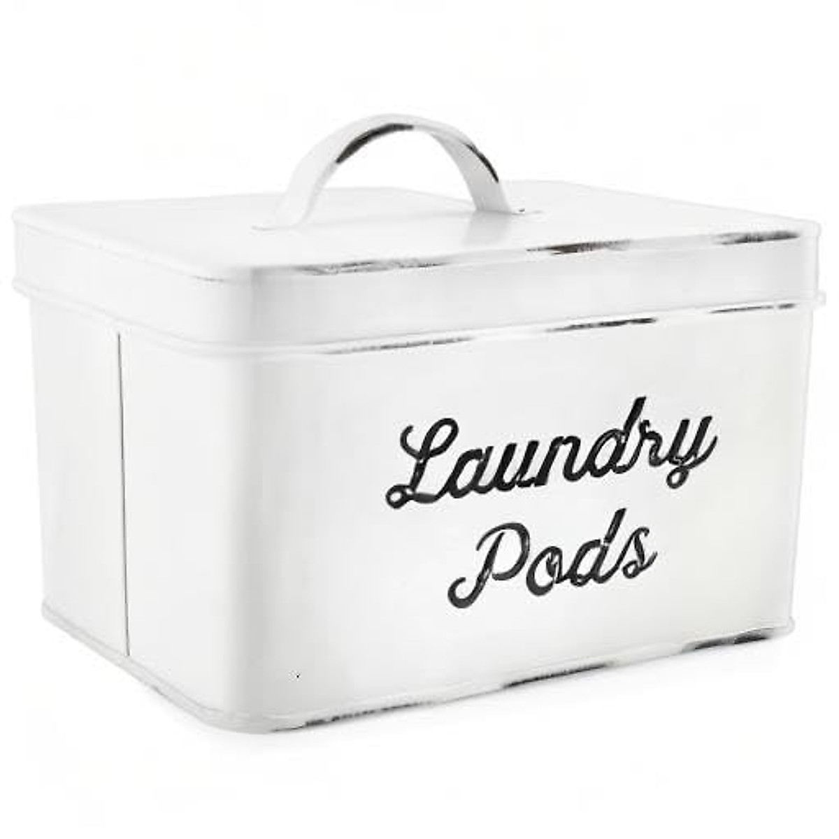 AuldHome Enamelware Laundry Pod Holder; Rustic White Laundry Pod Storage Container