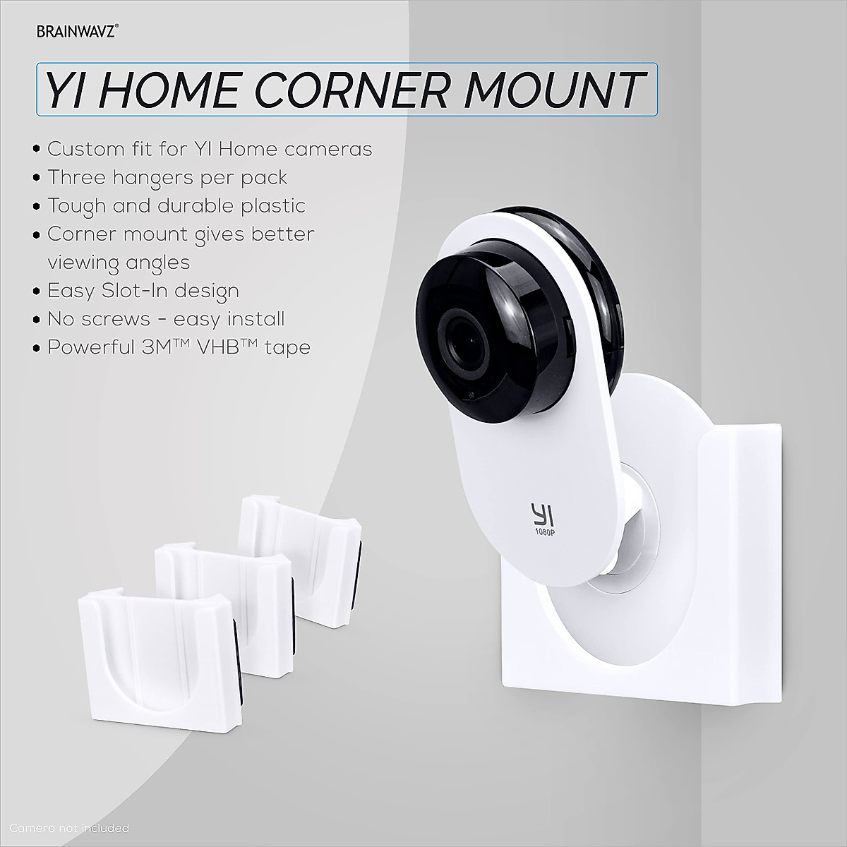 Corner Wall Mount for YI Home (3 Pack) Security Camera - Adhesive Holder, No Hassle Bracket, Strong 3M VHB Tape, No Screws, No Mess Install (White) by Brainwavz