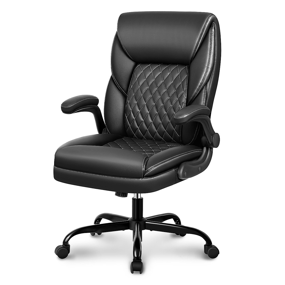 BestEra Office Chair, Executive Leather Chair Home Office Desk Chairs, Ergonomic Computer Desk Chair with Adjustable Flip-Up Arms, Lumber Support Swivel Task Chair with Rocking Function (Black)