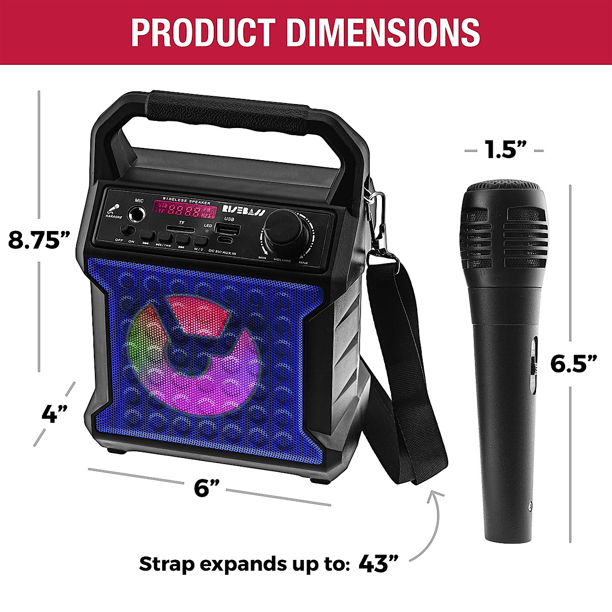 Risebass Portable Karaoke Machine with Microphone with Party Lights for Kids and Adults - Rechargeable USB Speaker Set with Bluetooth, FM Radio SD/TF Card, AUX-in, Birthday Gift for Boys and Girls