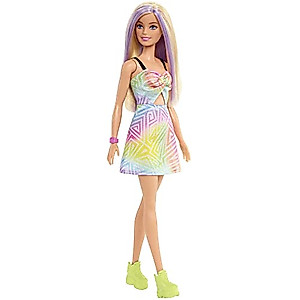 Barbie Fashionistas Doll #190 with Purple-Streaked Blonde Hair, Romper Dress, Yellow Wedge Sneakers & Bracelet Accessory