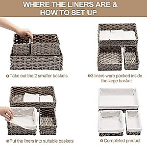 FairyHaus Wicker Baskets for Organizing 3 Pack, Waterproof Small Wicker Storage Basket for Shelves Rectangle, Nesting Lined Grey Wicker Basket