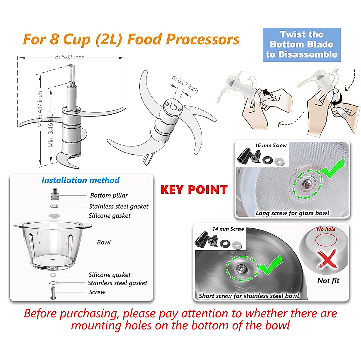 Full Steel Food Processor Blade Plastic-Free Chopping Blade for 8 Cup(2L) Bowl, Compatible with Syvio HOMEASY KOIOS HOVOBO Kitchen-in-the-box and More
