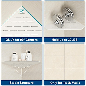 Neohomee 10 in White Corner Shelf, Floating Corner Shelf for Tile Wall, Tile Shower Shelf, 304 Stainless Steel Wall Storage Shelves for Bathroom,No Drilling (White,1Pack)