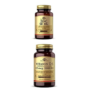 Solgar Zinc 50 mg, 100 Tablets - Zinc for Healthy Skin, Taste & Vision + Solgar Vitamin D3 (Cholecalciferol) 125 mcg (5,000 IU) Vegetable Capsules - 240 Count