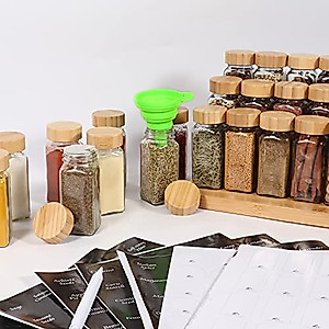 CycleMore 24 Pcs Spice Jars with Bamboo Lids 4 oz Glass Spice Jars with Labels - Minimalist Blank Spice Labels Stickers, Black Labels Stickers, Collapsible Funnel