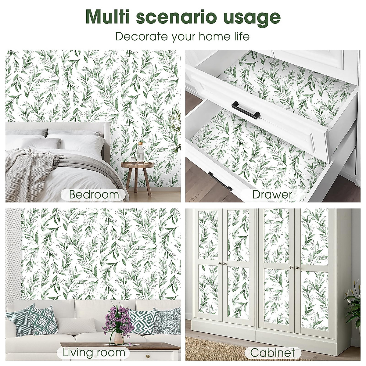 Beautyhero Peel and Stick Wallpaper 17.7 x118.1 Inch Olive Green Leaf Wallpaper Floral Contact Paper Bathroom Vinyl Removable Modern Farmhouse Sage Green Wall Paper Self Adhesive Neutral Wallpaper