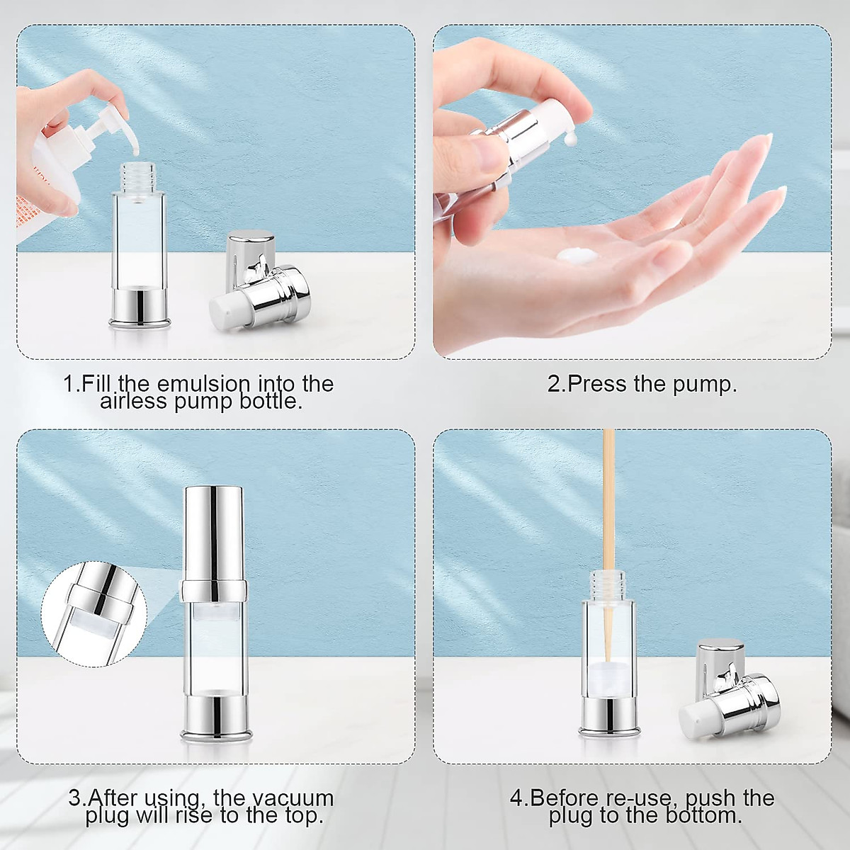 8 Pack 5ml/0.17oz Plastic Airless Pump Bottle Portable Lotion Container Refillable Cream Jar Vacuum Pump Press Dispenser for Travel Cosmetic Emulsion Liquid Foundation Shampoo Toiletries Sample