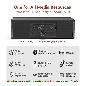 KEiiD Retro CD Players for Home with Speakers Wooden Booombox Stereo System with Bluetooth Receiver FM Radio Tuner USB AUX, Bass/Treble Adjustable