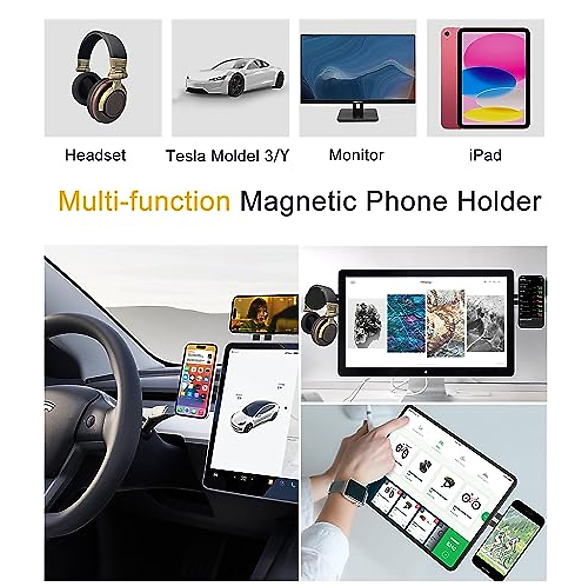 Jkoailiwi Dual Screen Magnetic Phone Holder for Laptop - Adjustable Slim Phone Mount for Monitor's Top and Side - Computer Extension Bracket for Tesla, MagSafe iPhone 15/14/13/12