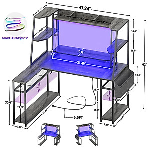 armocity L Shaped Gaming Desk with Hutch & Shelves, 47'' Gaming Computer Desk with LED Lights & Outlets, PC Gaming Desk with Storage & Monitor Stand, Grey Oak