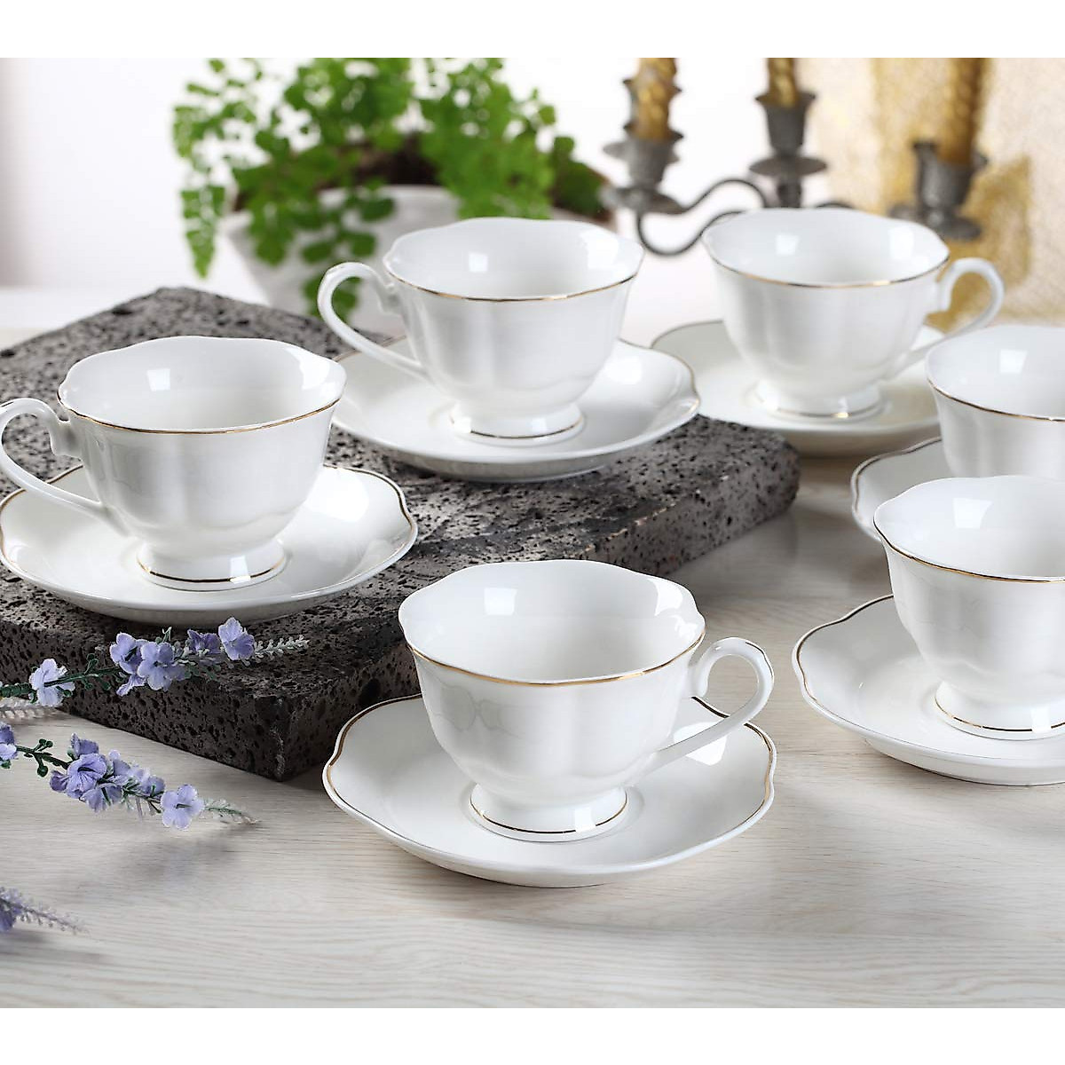 GuangYang 12 PCS White Tea Set-Fine Porcelain Tea Cup and Saucer set of 6 with Gold Line Handle for Tea Party