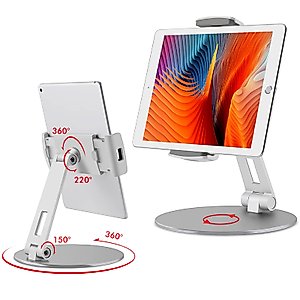 Viozon Tablet Stand and Holders with Adjustable Range and Height Aluminum Stand Compatible with iPad/iPad pro/ipad Mini/Cellphone/Kindle Desk Holder fits 3.5-13inches, 360° Swivel Adjustable Base
