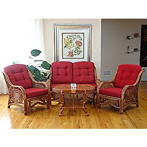 Malibu Lounge Set of 4: 2 Natural Rattan Wicker Chairs, Loveseat with Red Cushions and Coffee Table w/Glass Handmade, Colonial