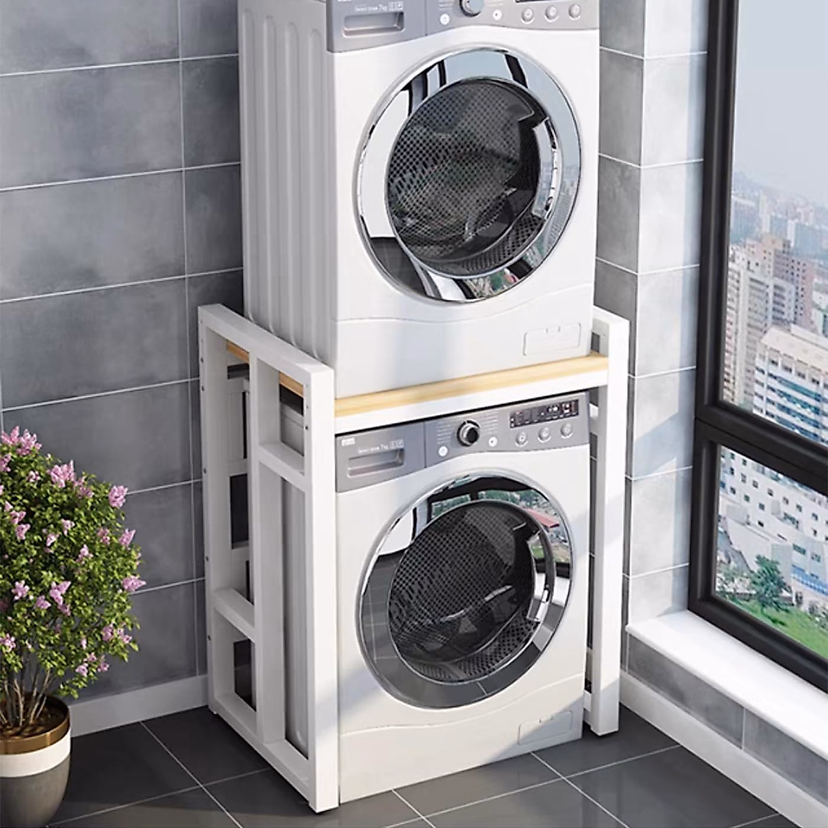 HOLMZCED Stackable Washer Dryer Standing Rack Shelf, Steel Washer Dryer Machine Stacking Rack Stand Wooden Washing Machine Shelf Heavy Duty Space Saving for Bathroom Laundry Room