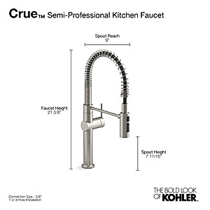 Kohler K-22973-VS Crue Kitchen Sink Faucet, Pre-Rinse Kitchen Faucet, Commercial Faucet, Vibrant Stainless, 2X-Large