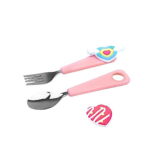 Flex&Lock Flexwarez Kids Utensil Set with Flexcharmz Silicone Charms Accessories - Easy to Decorate Spoon and Fork - Fun lunch for Toddler and Kids - Unicorn World Theme/ 2 Pack/Heart & Heart Donut