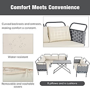 Merax 5-Piece Modern Patio Sectional Sofa Set Outdoor Woven Rope Furniture Set with Glass Table and Soft Cushions