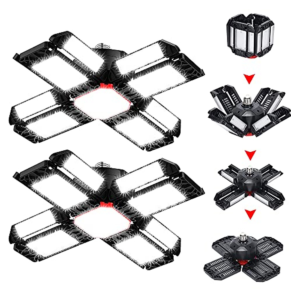 180W Upgraded LED Garage Lights 2-Pack - 20000LM 6500K Deformable Ceiling Lighting Fixture with 12 Adjustable Panels 228 LED Lamp Bead Light - E26/E27 Bay Light for for Garage, Workshop, Basement