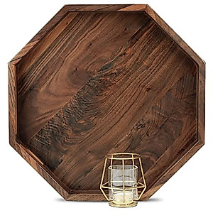 MAGIGO 16 Inches Extra Large Octagonal Black Walnut Wood Ottoman Tray with Handles, Serve Tea, Coffee Classic Wooden Decorative Serving Tray