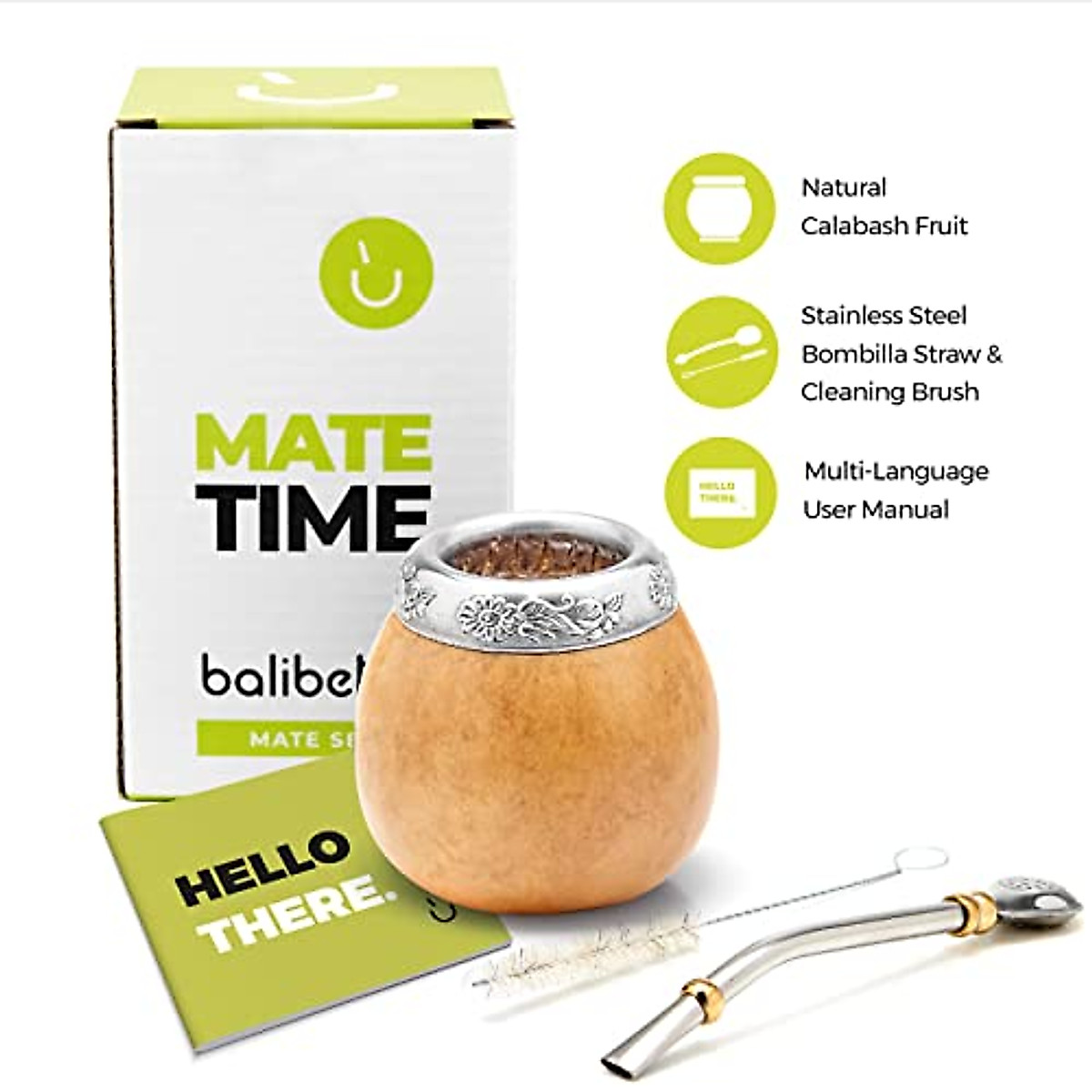 BALIBETOV Yerba Mate Gourd Set (Original Natural Handmade Yerba Mate Cup Argentina) - Includes Mate Tea Cup, Bombilla (Yerba Mate Straw) and Clean Brush - Classic Mate Cup and Bombilla Set (Suela)