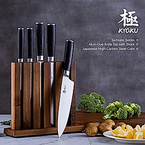 KYOKU 5-Knife Set with Block, 8” Chef Knife + 8” Bread Knife + 6.5” Boning Knife + 5” Utility Knife + 3.5” Paring Knife – Premium Japanese Steel Cutlery Kitchen Knives Set with Wooden Block