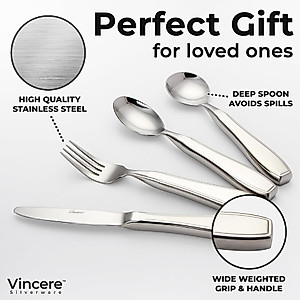 Weighted Utensils for Tremors and Parkinsons, Heavy Weight Stainless Steel Silverware Set, Adaptive Eating Flatware Helps Hand Tremors, Parkinsons Aids for Living, Arthritis - Knife, Fork, Spoons, 7oz