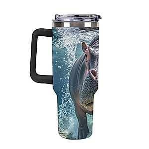 FHECVBN Black 40 Oz Insulated Tumbler with Handle Diving Hippo Printed Leakproof Water Bottle Coffee Mug Car Cup for Gym Outdoors Commute Work