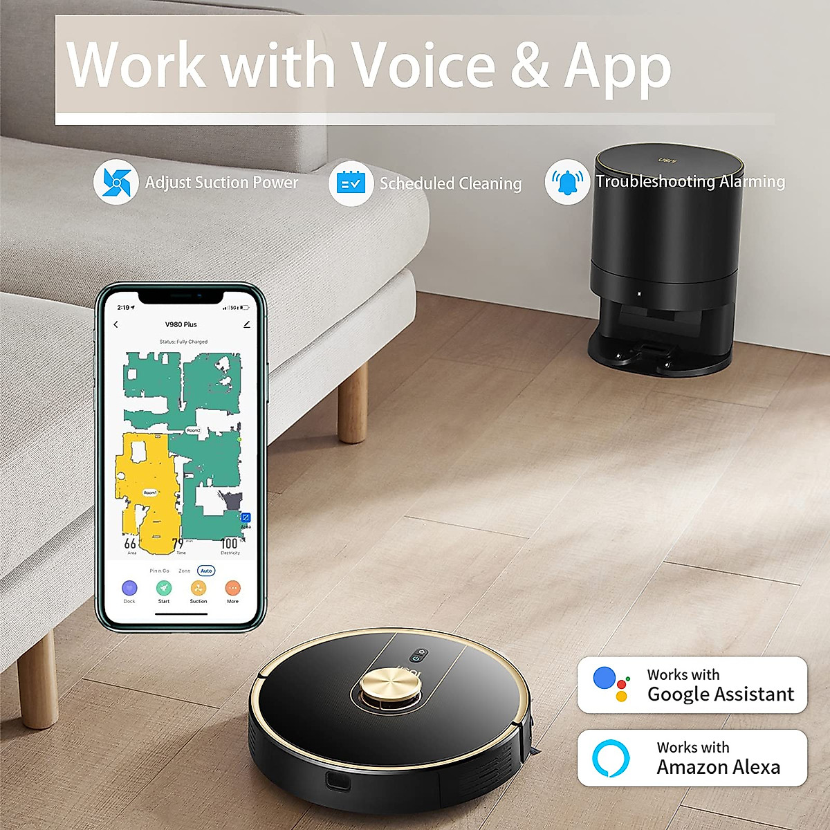 UONI V980Plus Robot Vacuum Cleaner with Self-Emptying Dustbin - Lidar Navigation Robotic Vacuums Multi-Floor Mapping 2700Pa Strong Suction with No-Go Zones 190 Mins Runtime for Pet Hair