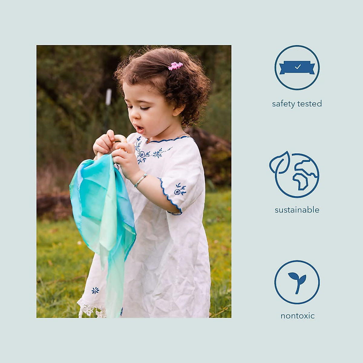 Sarah's Silks Silk and Wood Baby Teether Toy for Babies 3 Months and Older - Sea