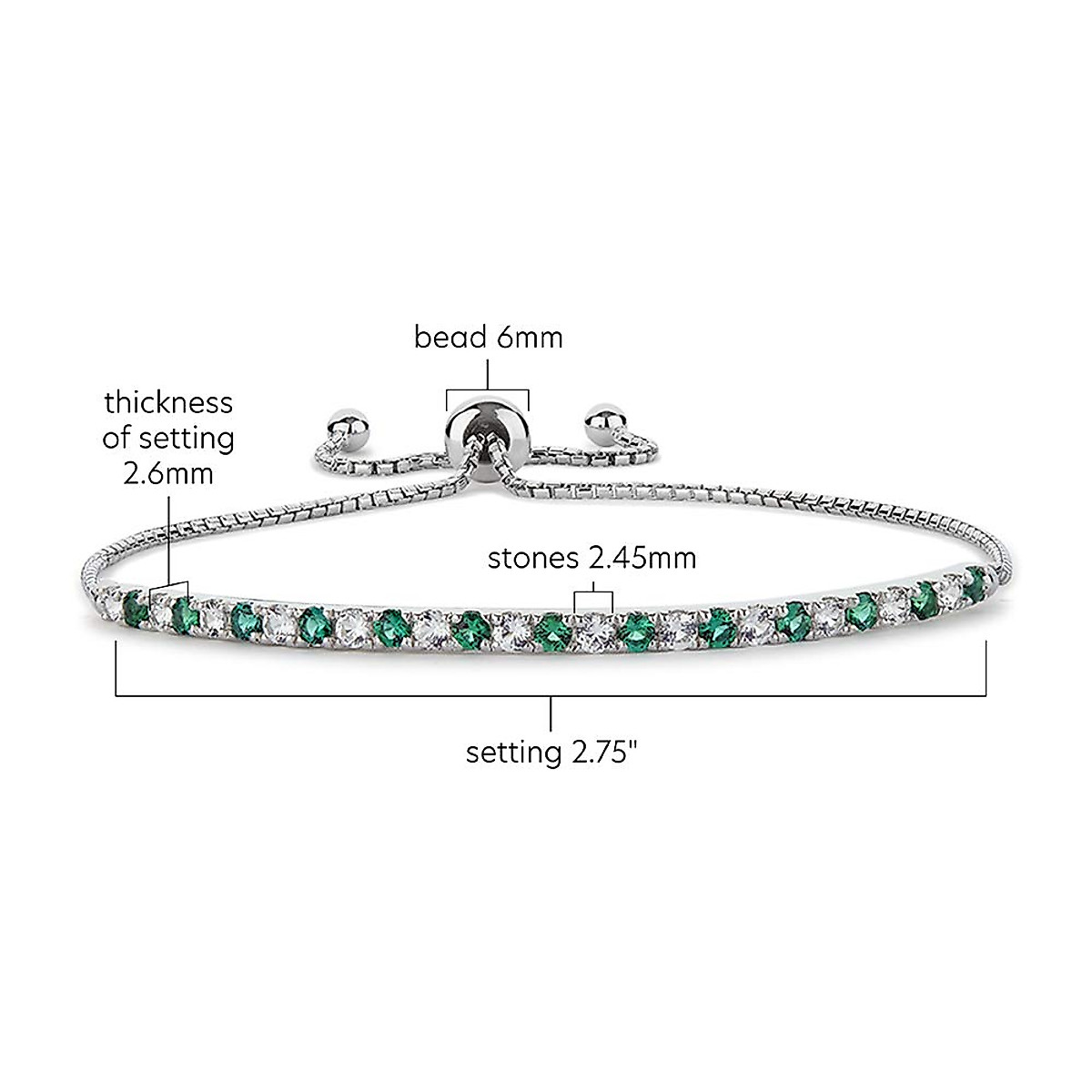 Tirafina Lab-Created Emerald and Lab-Created White Sapphire Adjustable Bolo Bracelet, Sterling Silver, Easy-On Easy-Off (6, 7 and 8 inch Wrist Size)