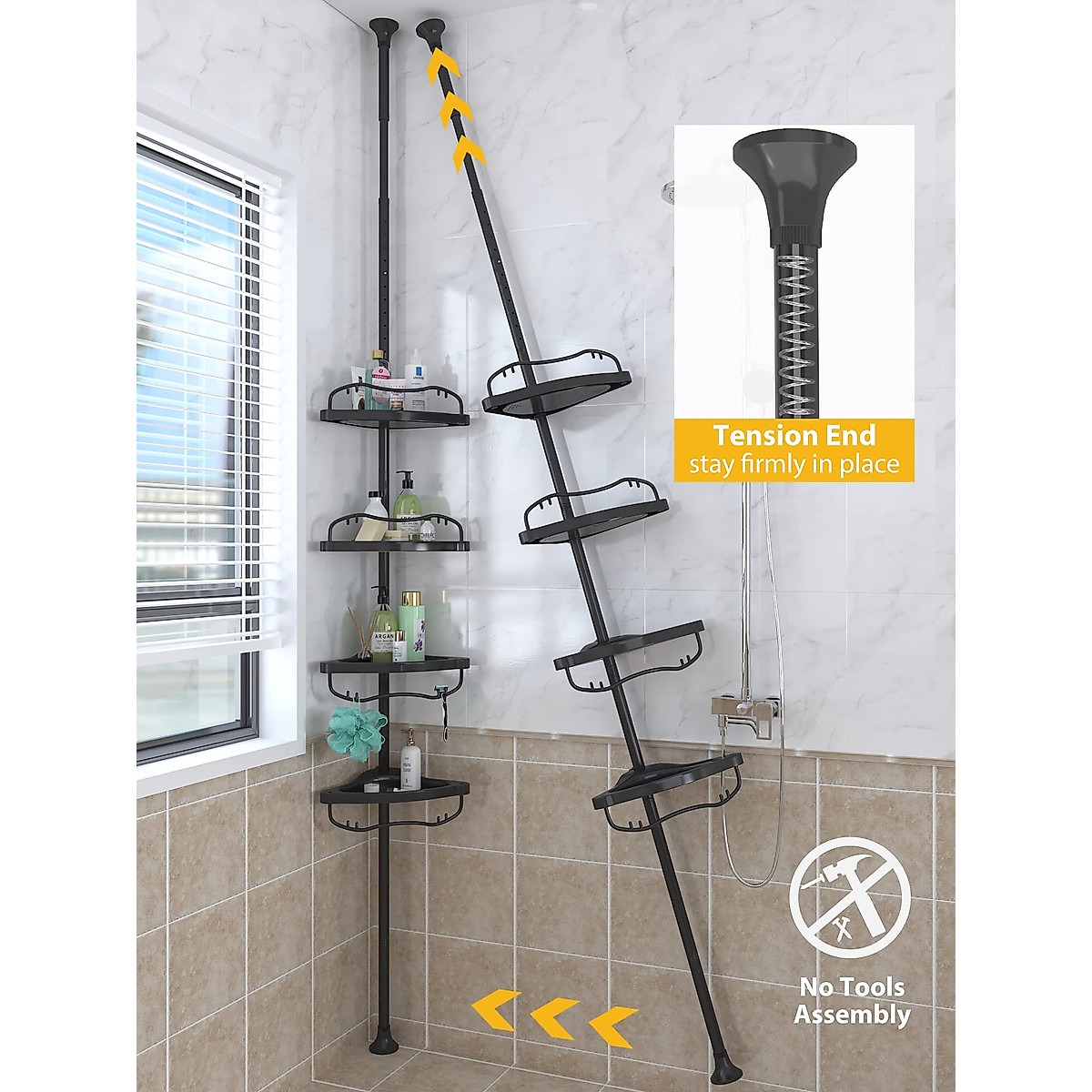 Corner Shower Caddy Organizer with Tension Pole, Adjustable Rustproof Shower Caddy with 4 Tier Shelf for Bathroom Bathtub Tub Shampoo Accessories - 38 to 116 inch Height, Black