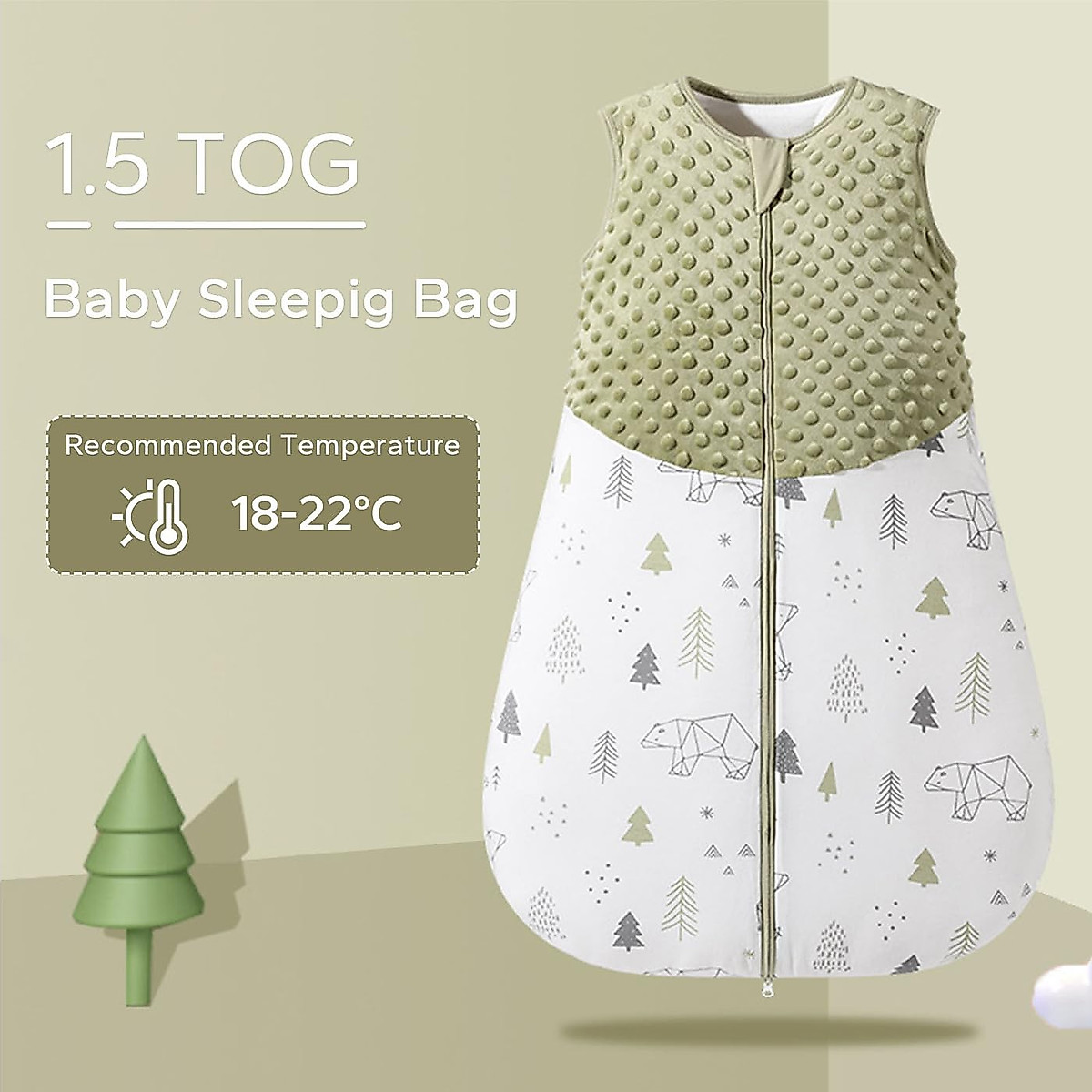 TURMINUS Baby Sleep Sack, 2.0 TOG Baby Wearable Blanket with Plush Minky Dot Sleeveless Cotton Toddler Sleeping Sack with 2-Way Zipper for Newborn Infants, Green, L(12-24 Months)