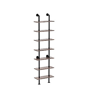 HOMBAZAAR Industrial Pipe Bookshelf,7 Tier Pipe Shelving,Wall Mounted Ladder Shelves with Metal Frame for Home Office,Living Room,Oak Brown