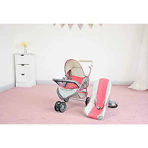KOOKAMUNGA Baby Doll Stroller Travel System - Retractable Canopy, Feeding Tray, Soft Handle & Swivel Wheels - Pink Gray