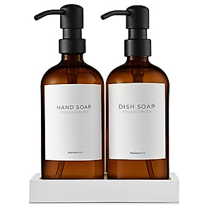 MaisoNovo Shampoo and Conditioner Dispenser with Wall Mounts - 2 Amber Bottles + Concrete Tray