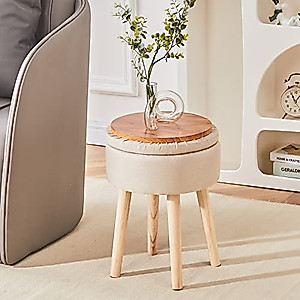 Mxfurhawa Storage Ottoman Linen Round Vanity Stool Tray Top Modern Foot Stool with Wood Legs Multifunctional Upholstered Foot Ottoman Rest for Living Room, Bathroom, Makeup (Beige)